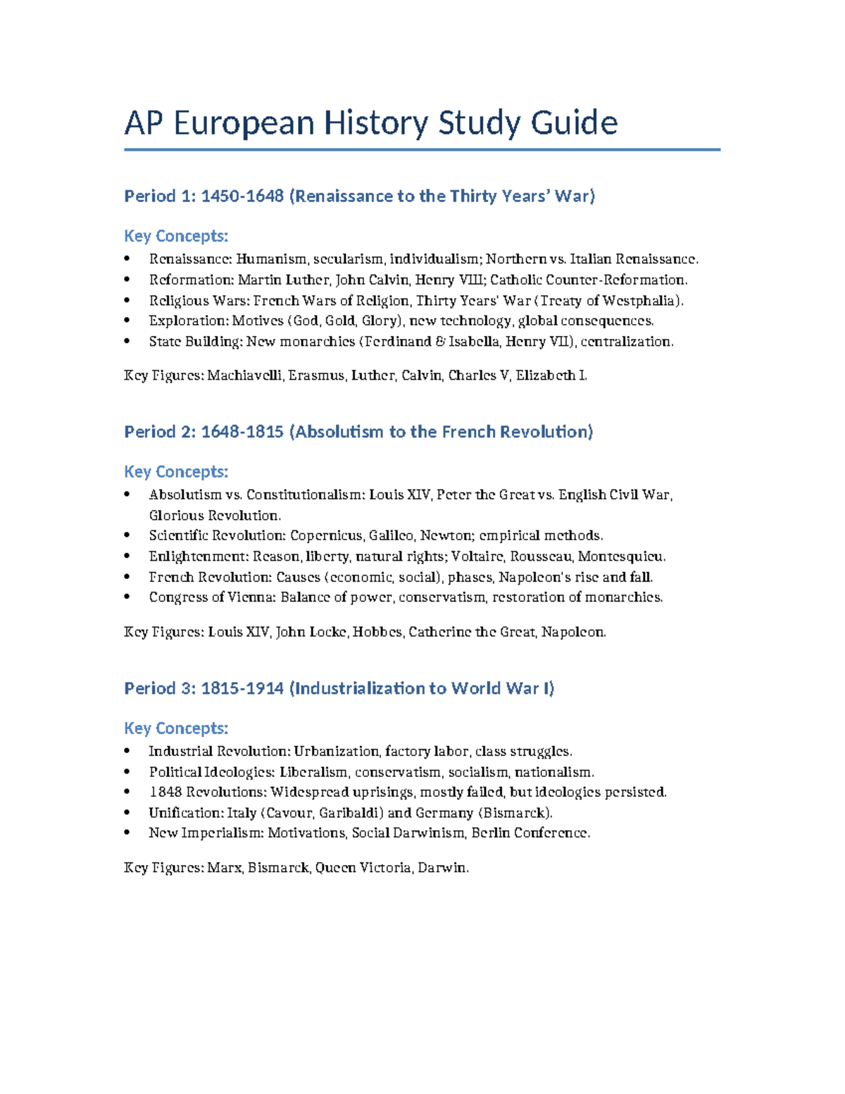 AP European History Study Guide: Key Concepts from Periods 1-3 - Studocu
