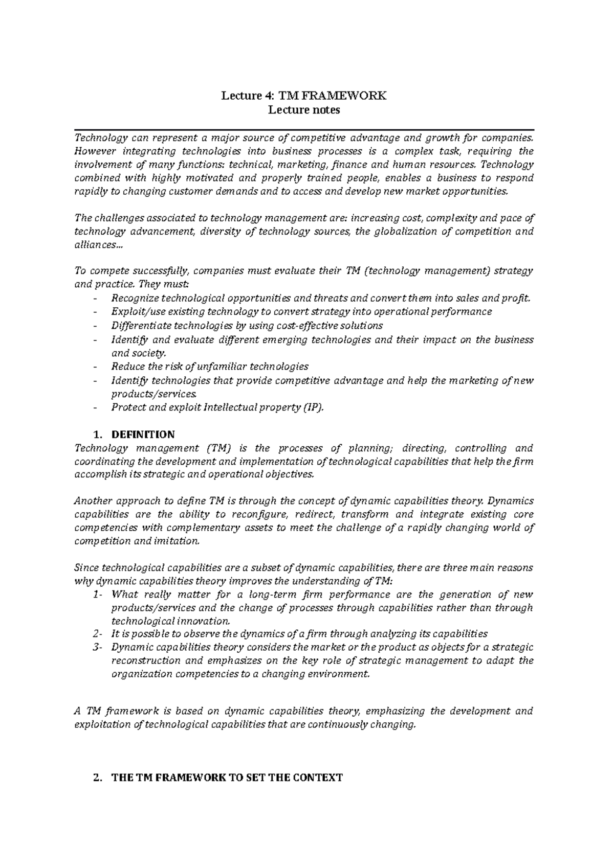 TM Framework - Lecture Notes 4: Understanding Technology Management ...