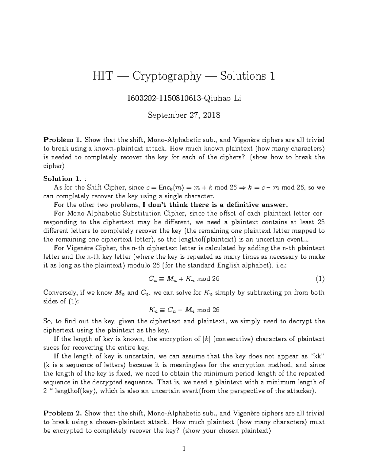 HIT Cryptography Solutions 1: Breaking Shift, Substitution, and Cipher ...