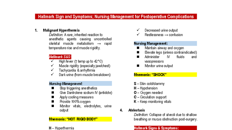 Postoperative Complications Management & Mnemonics (NURS 101) - Studocu