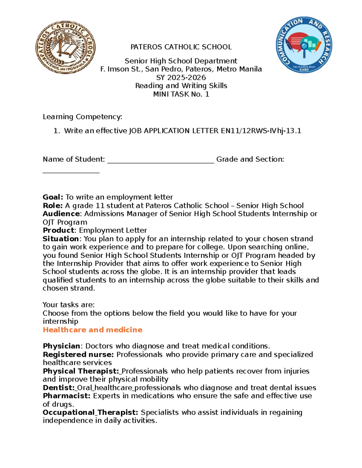 RW Minitask 1: Writing an Effective Job Application Letter - Studocu