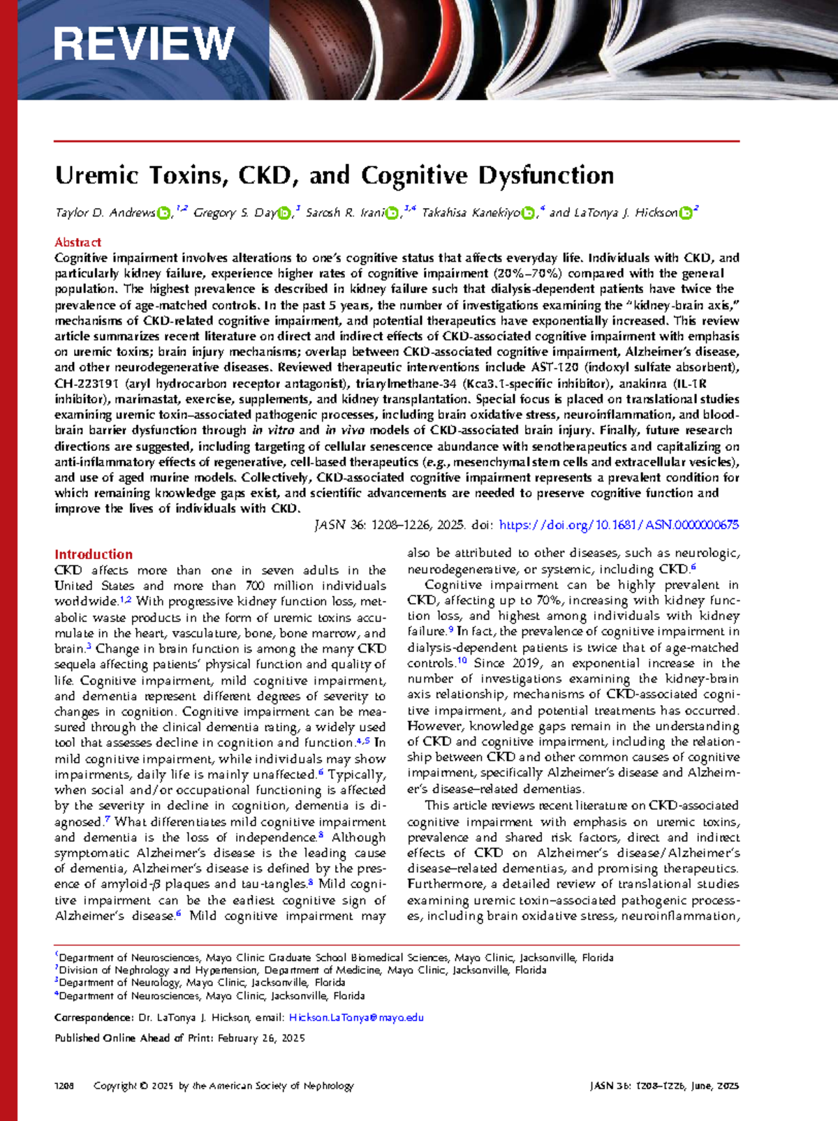 REVIEW JASN 36: Uremic Toxins, CKD, and Cognitive Dysfunction Insights ...