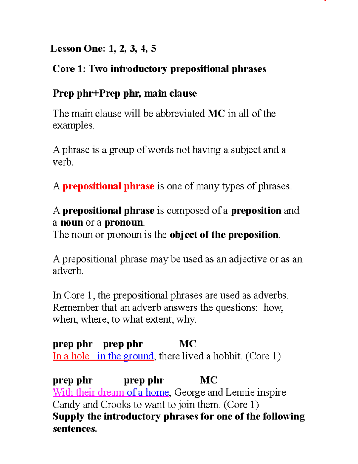 Core 1-4 Lesson Notes: Introductory Phrases & Structure Insights - Studocu