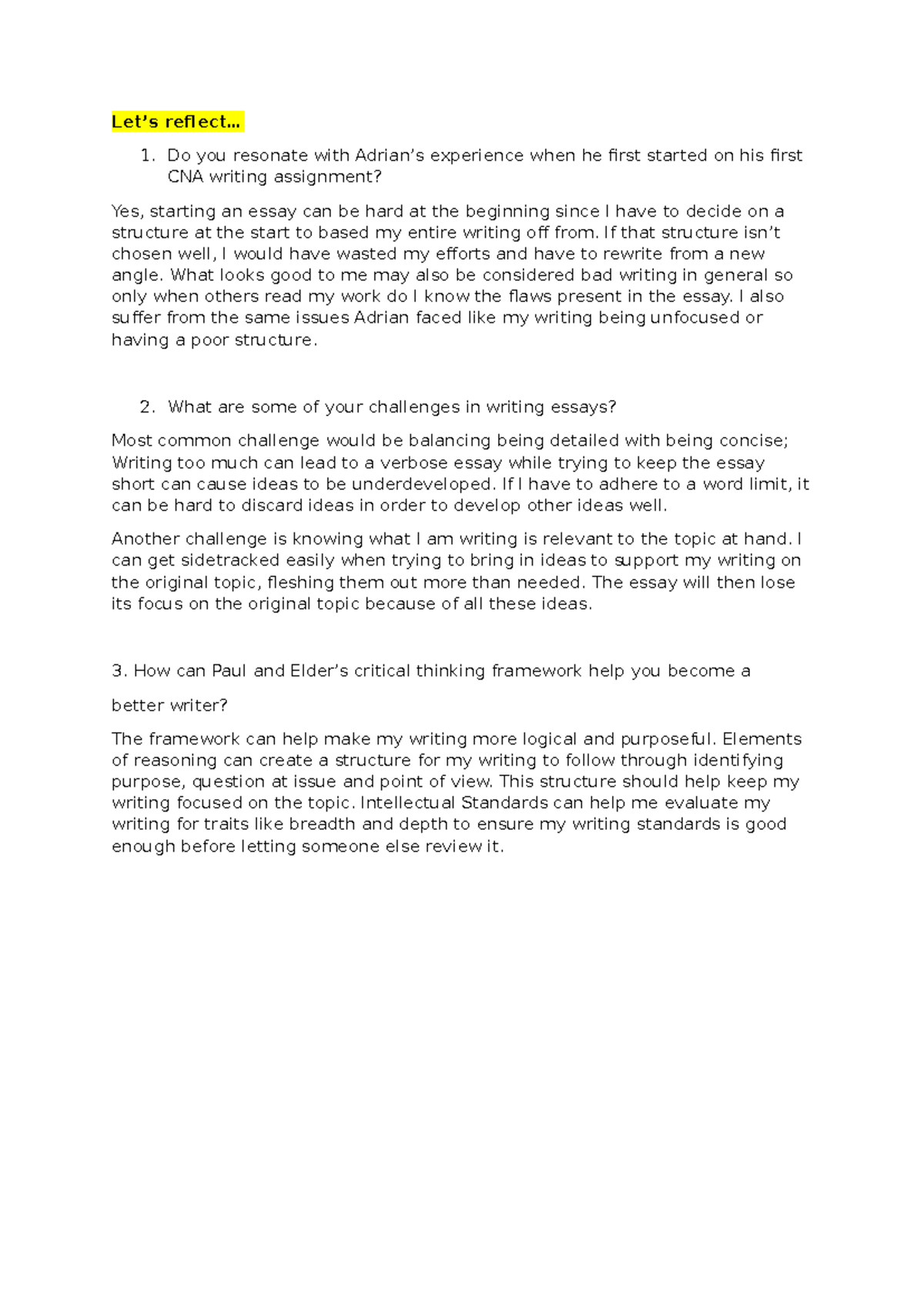CNA Writing Challenges and Strategies: Insights and Reflections - Studocu