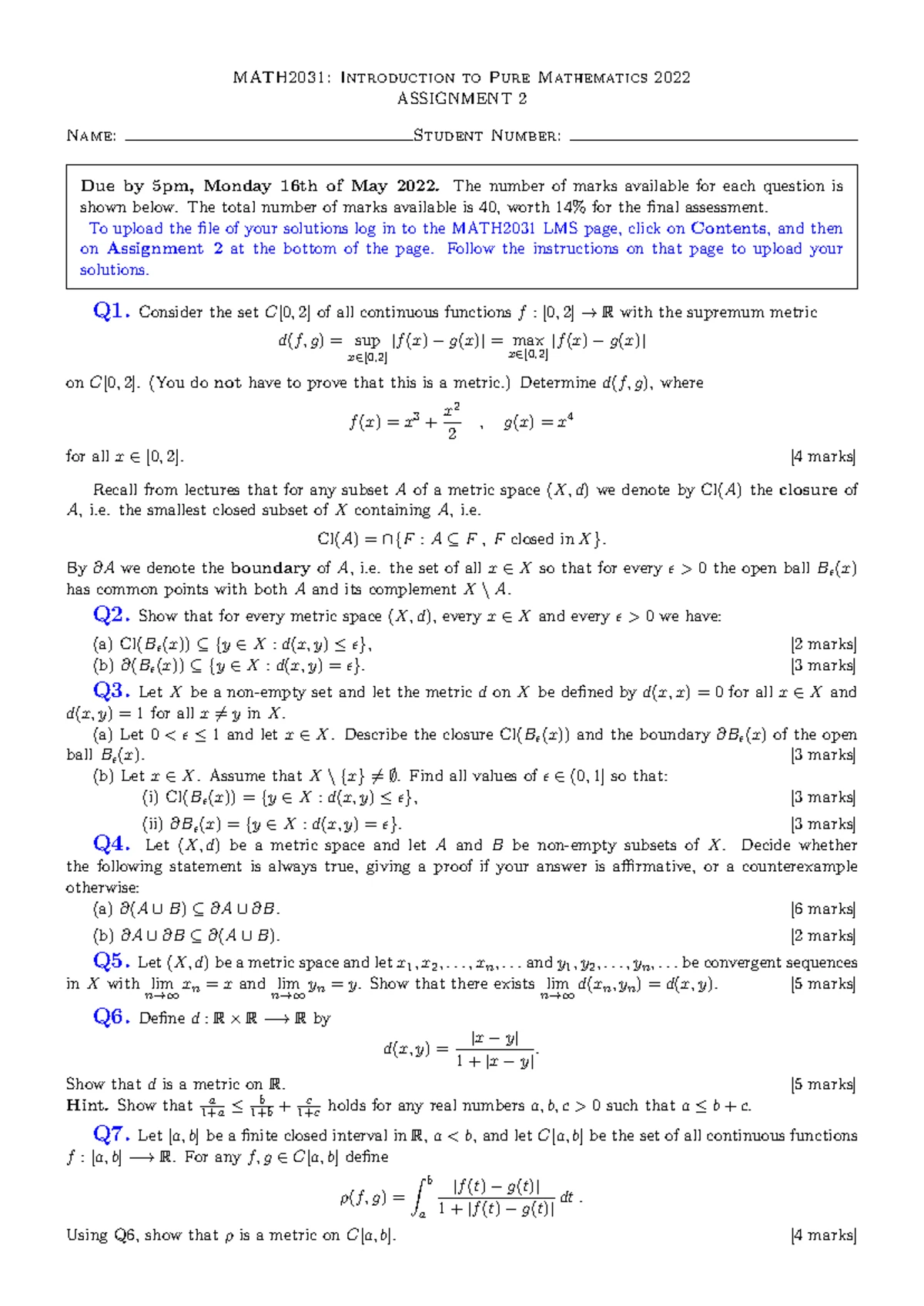 MATH2031 Final Exam Paper Checklist - Introduction to Pure Mathematics ...