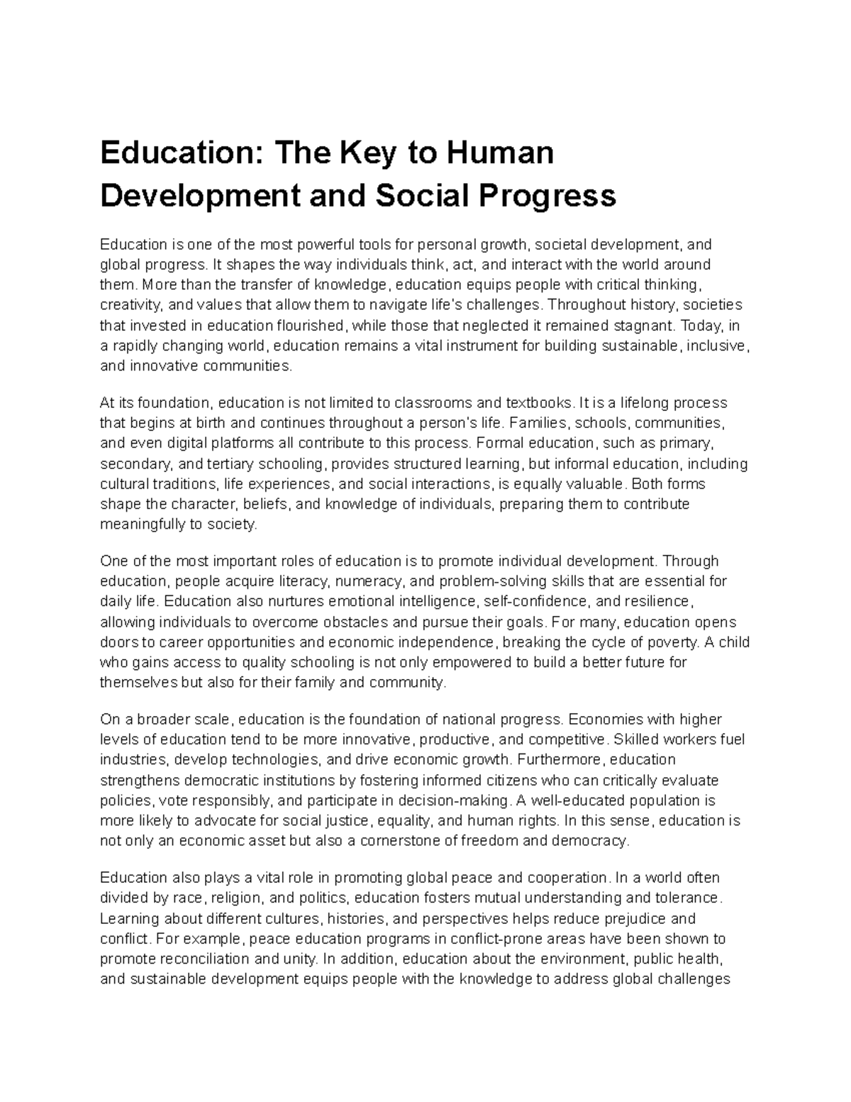 Education: Key to Human Development & Social Progress - Studocu