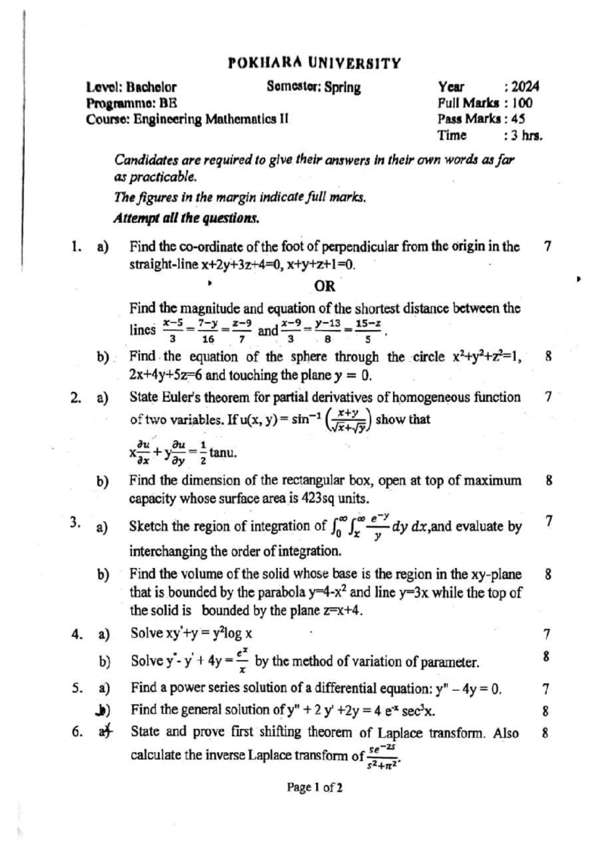 Engineering Mathematics II (BE) Final Exam - Spring 2024 - Studocu