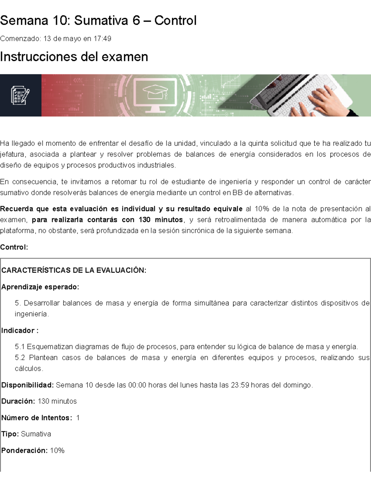 Examen Sumativo 6 - Control Semana 10 de Balance de Energía - Studocu