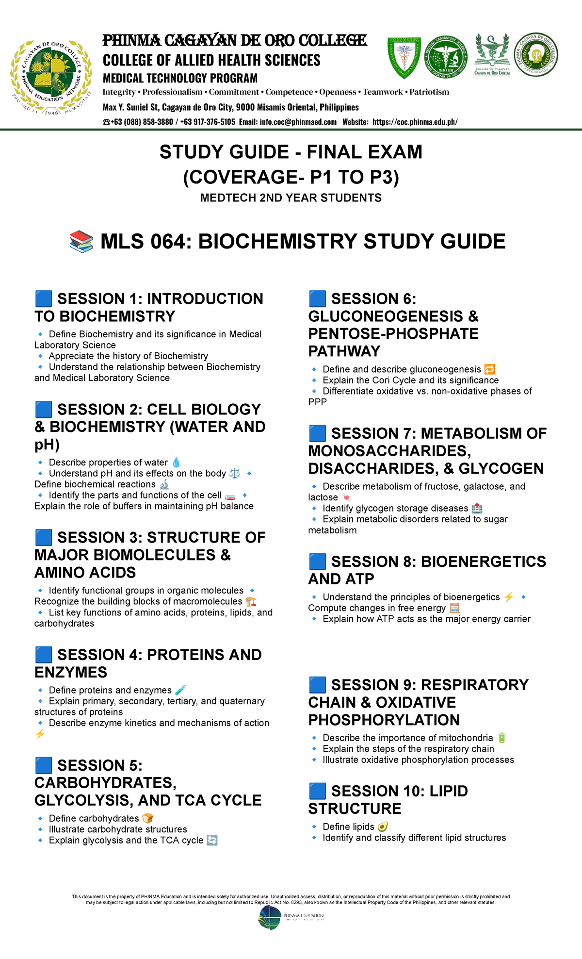 MLS 064 Biochemistry Study Guide for 2nd Year Final Exam - Studocu