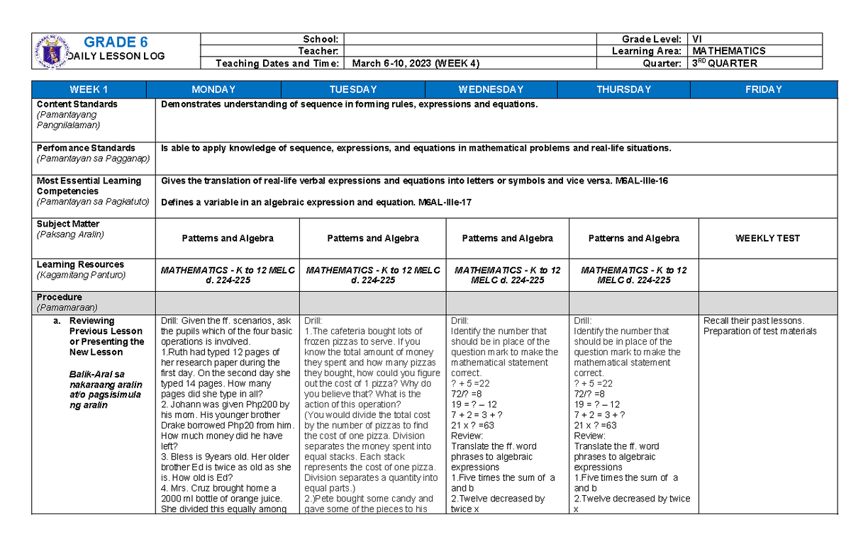 MATH6 WEEK 4 - VFDCS - GRADE 6 DAILY LESSON LOG School: Grade Level: VI ...
