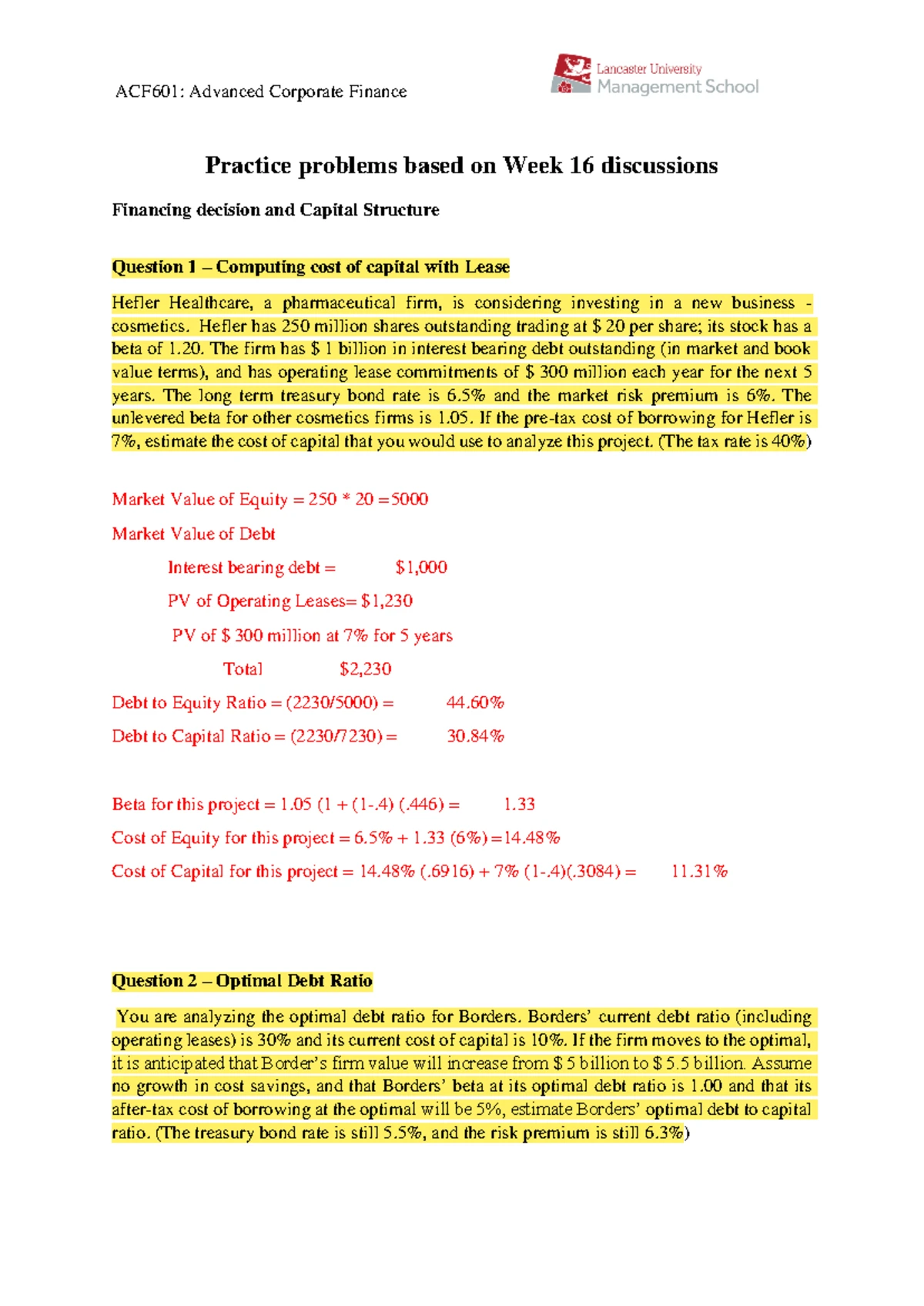 Week 19 Corporate Finance Solutions & Practice Problems - Studocu