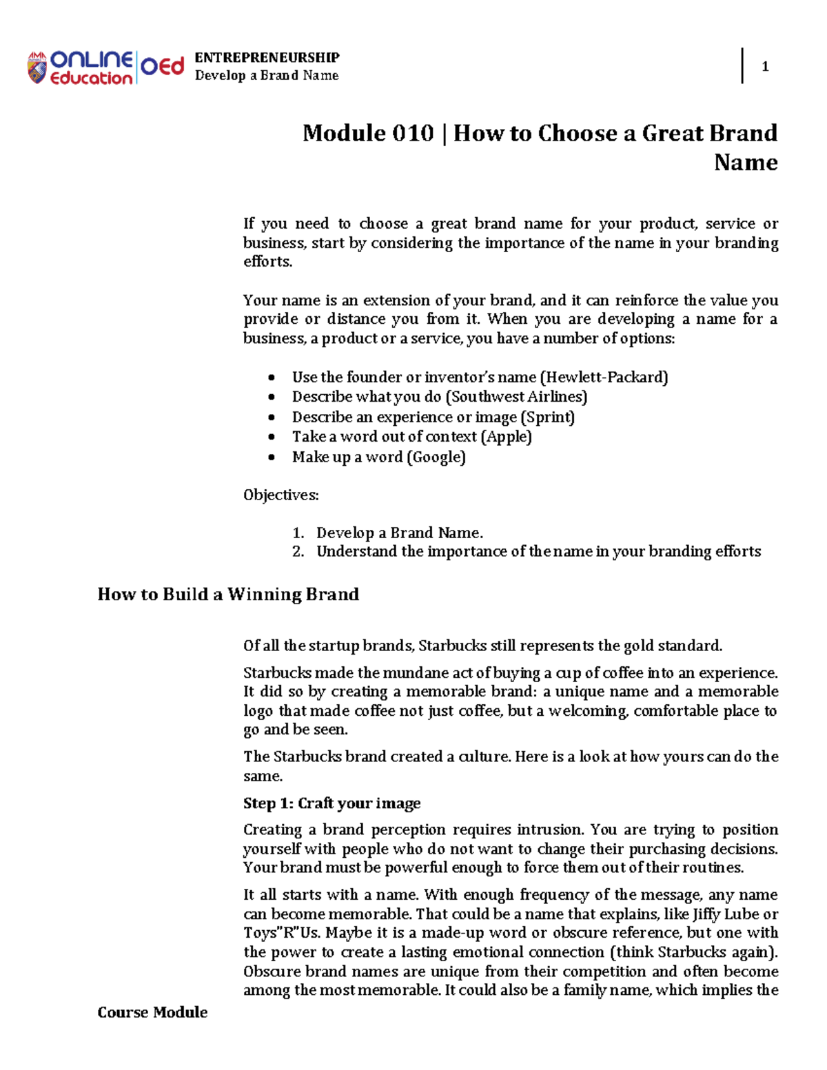ENTREPRENEURSHIP Module 010: How to Choose a Great Brand Name - Studocu