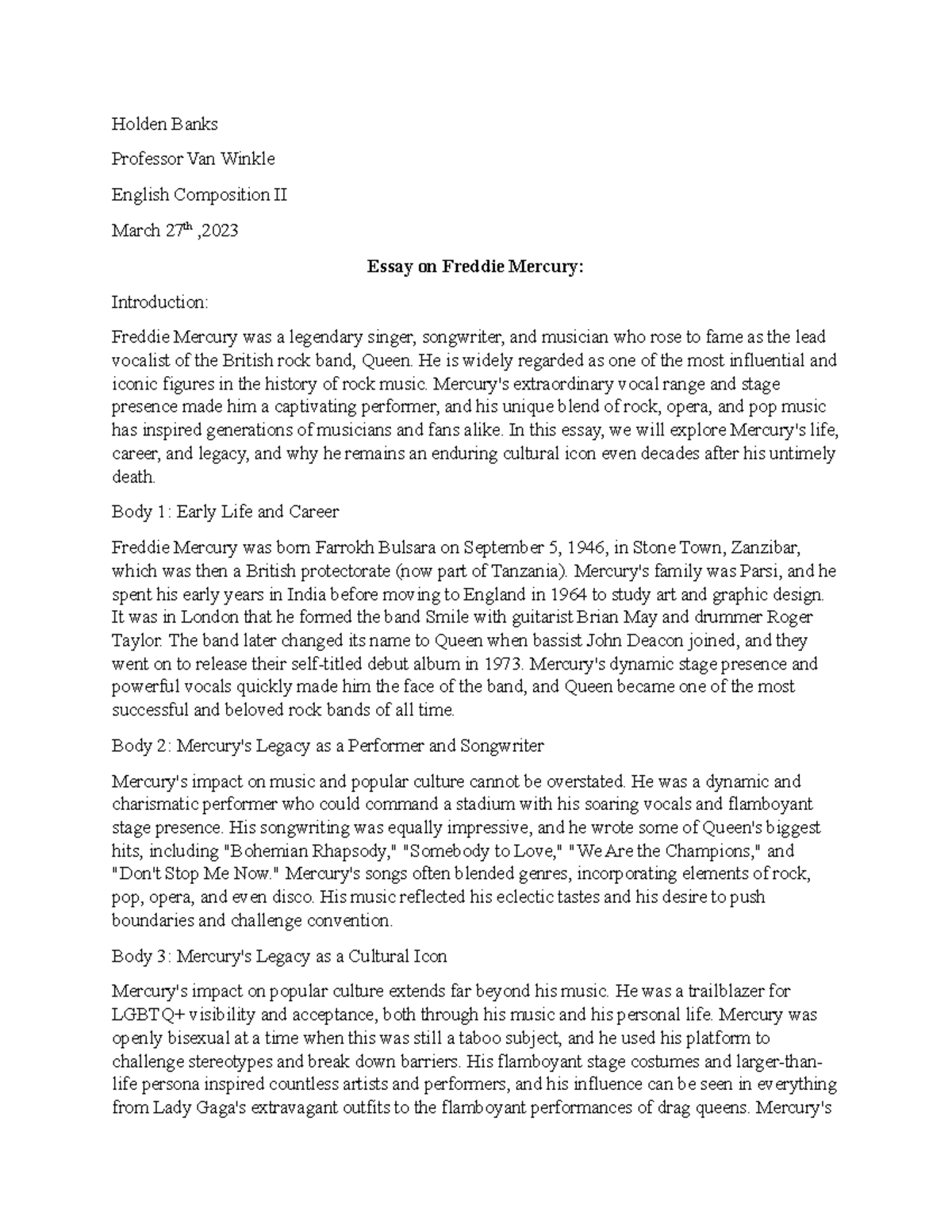 Essay on Freddie Mercury: His Life, Music, and Cultural Impact - Studocu