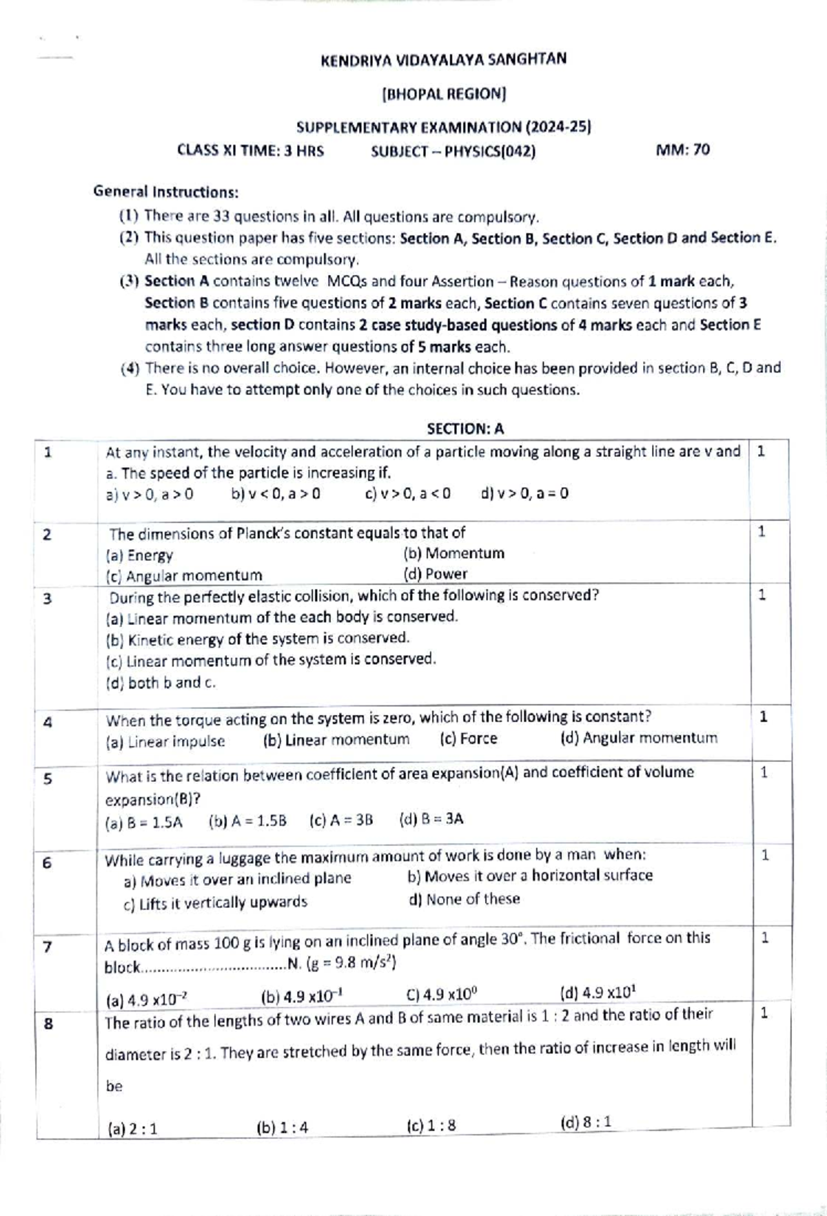 XI Physics Supplementary Exam Question Paper 2024-25 - Studocu
