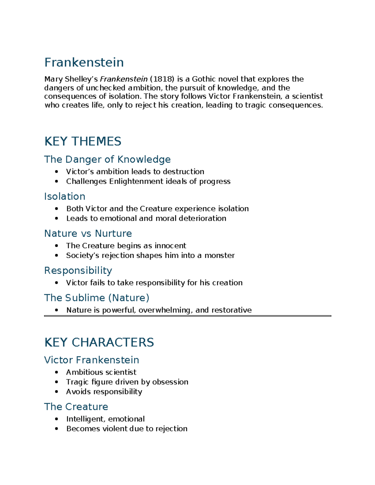 Frankenstein Study Guide: Themes, Characters, and Analysis - Studocu