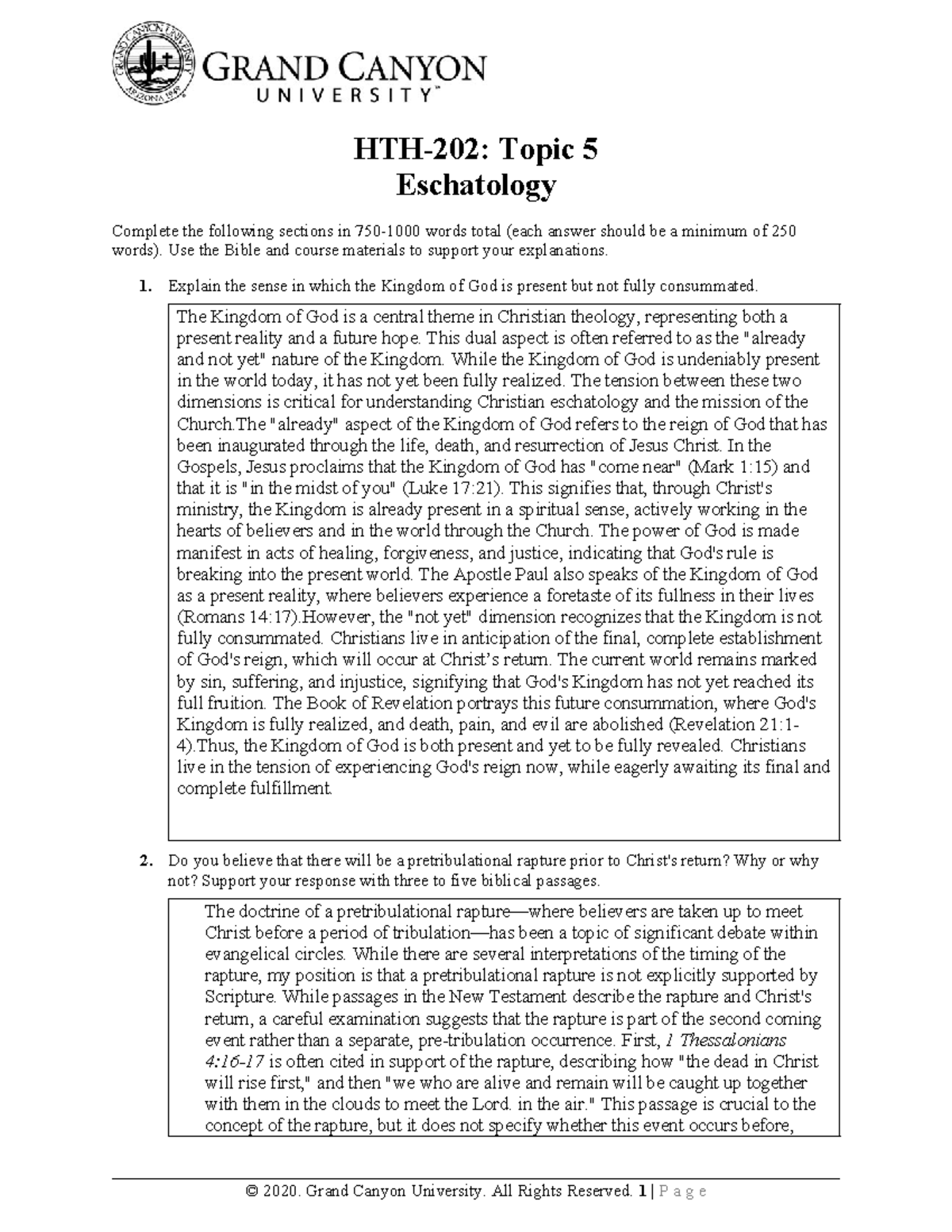 HTH 202 JAM Topic 5: Eschatology - The Kingdom of God Explained - Studocu