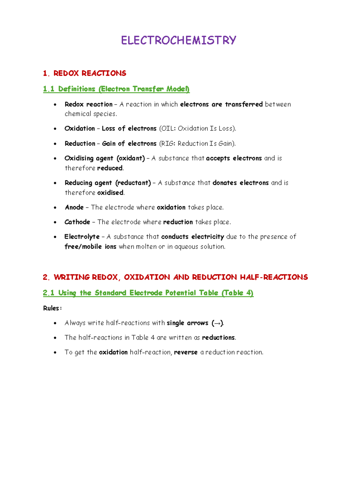 Electrochemistry (CHEM 101): Redox Reactions & Electron Transfer - Studocu