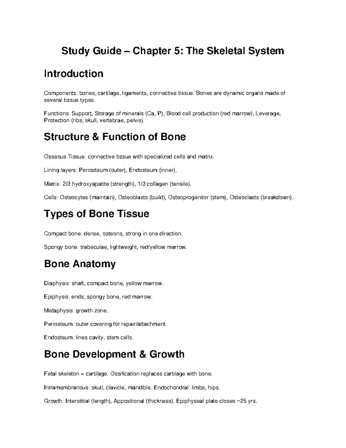 Skeletal System Study Guide: Chapter 5 Overview and Functions - Studocu