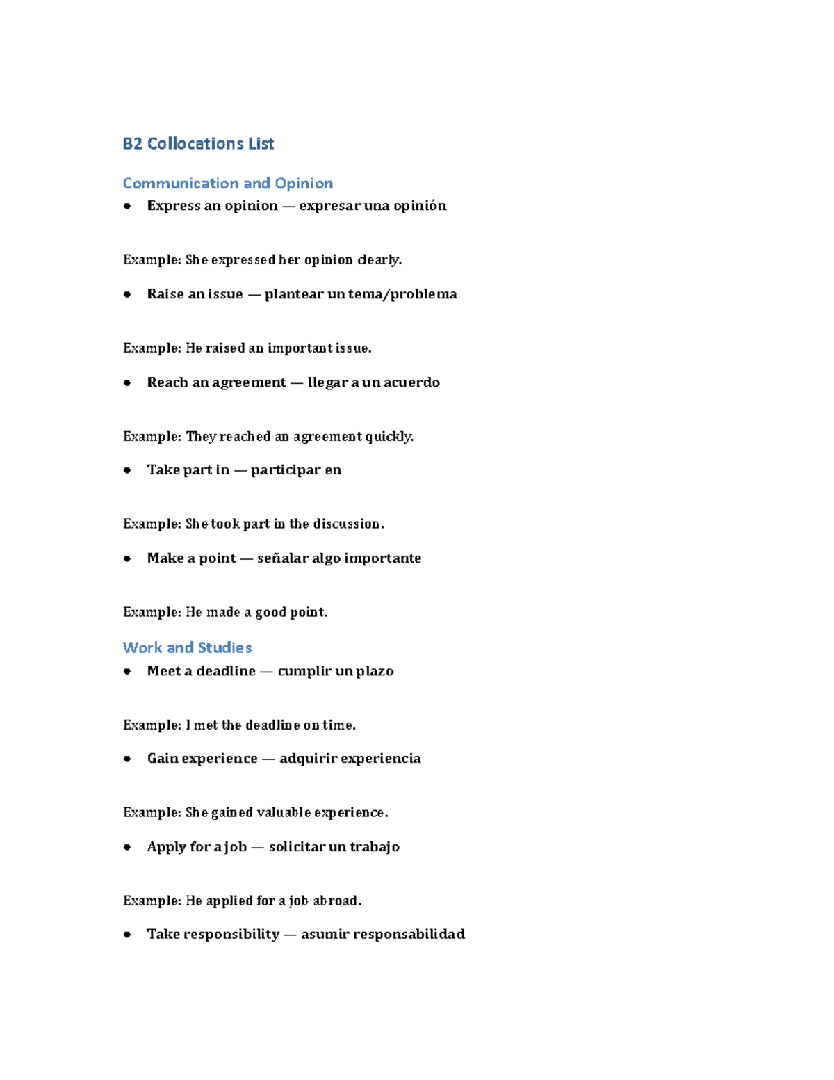 B2 Collocations List: Communication, Work, and Daily Life - Studocu