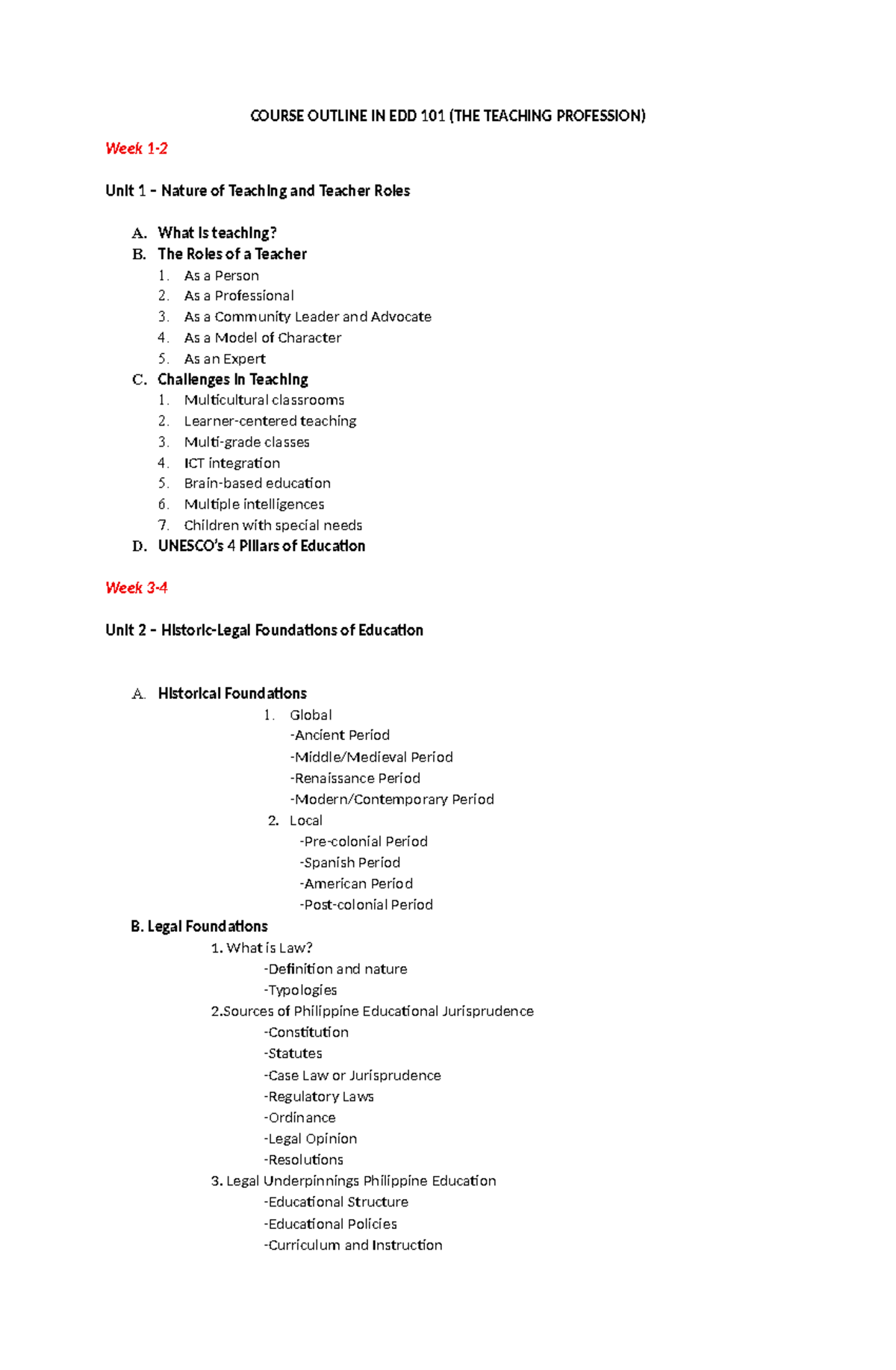 Course Outline in EDD 101: The Teaching Profession Overview - Studocu