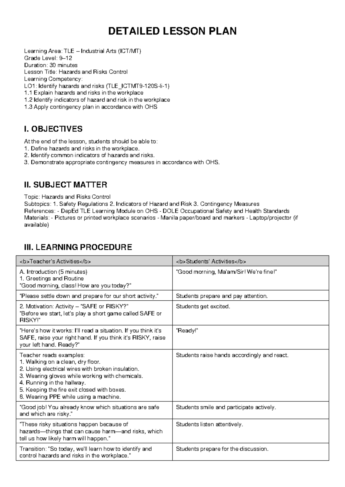 TLE Lesson Plan: Hazards and Risks Control (30 min) - Studocu