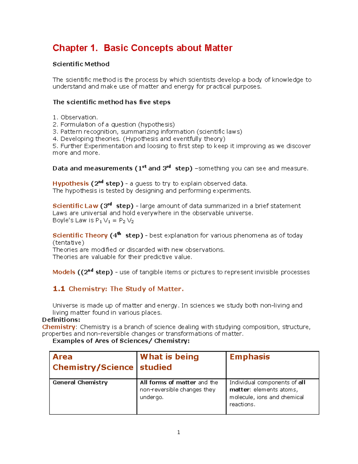 Chapter 1: Basic Concepts of Matter and the Scientific Method (C1-120 ...