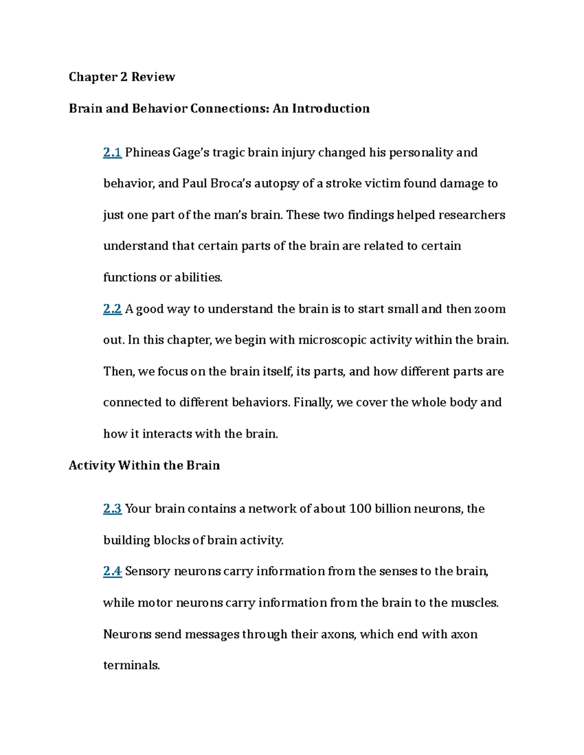 Intro psychology chapter 2 review summary - Chapter 2 Review Brain and ...