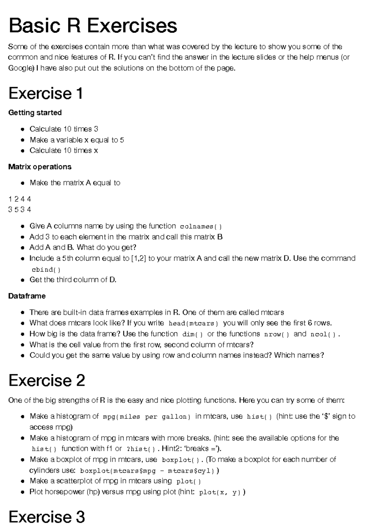 R Exercises: Basic Concepts and Data Manipulation Techniques - Studocu