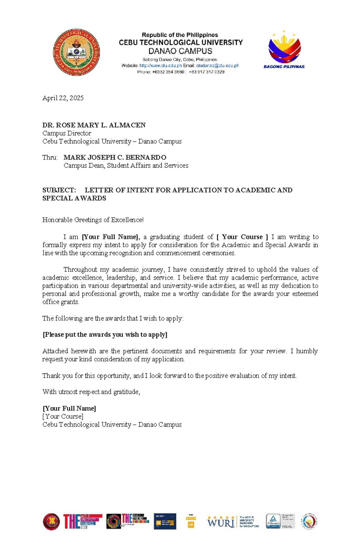 Letter of Intent for Academic Awards Application - CTU Danao Campus ...