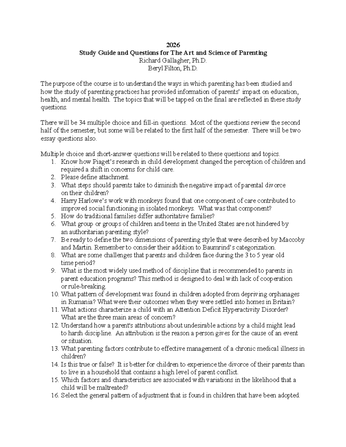 Final Exam Study Guide for The Art and Science of Parenting (2026 ...
