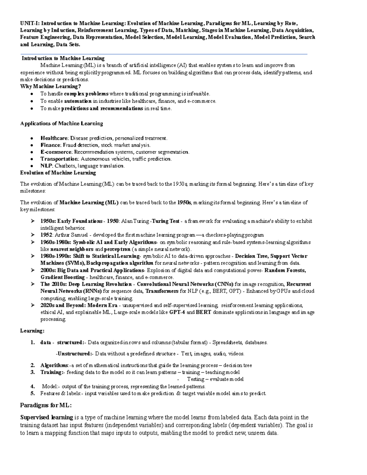 UNIT-1: Introduction to Machine Learning Concepts and Applications ...