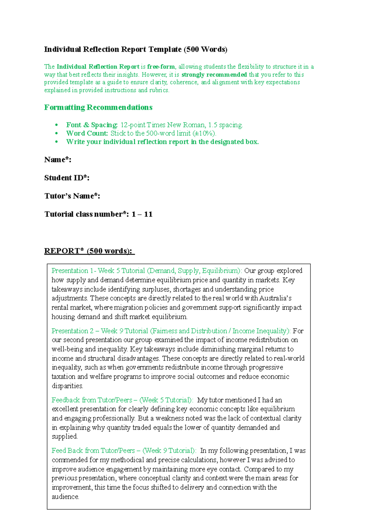 Individual Reflection Report Template (500 Words) on Economic ...