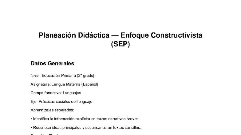 Planeación Didáctica Constructivista SEP para Lengua Materna - Studocu