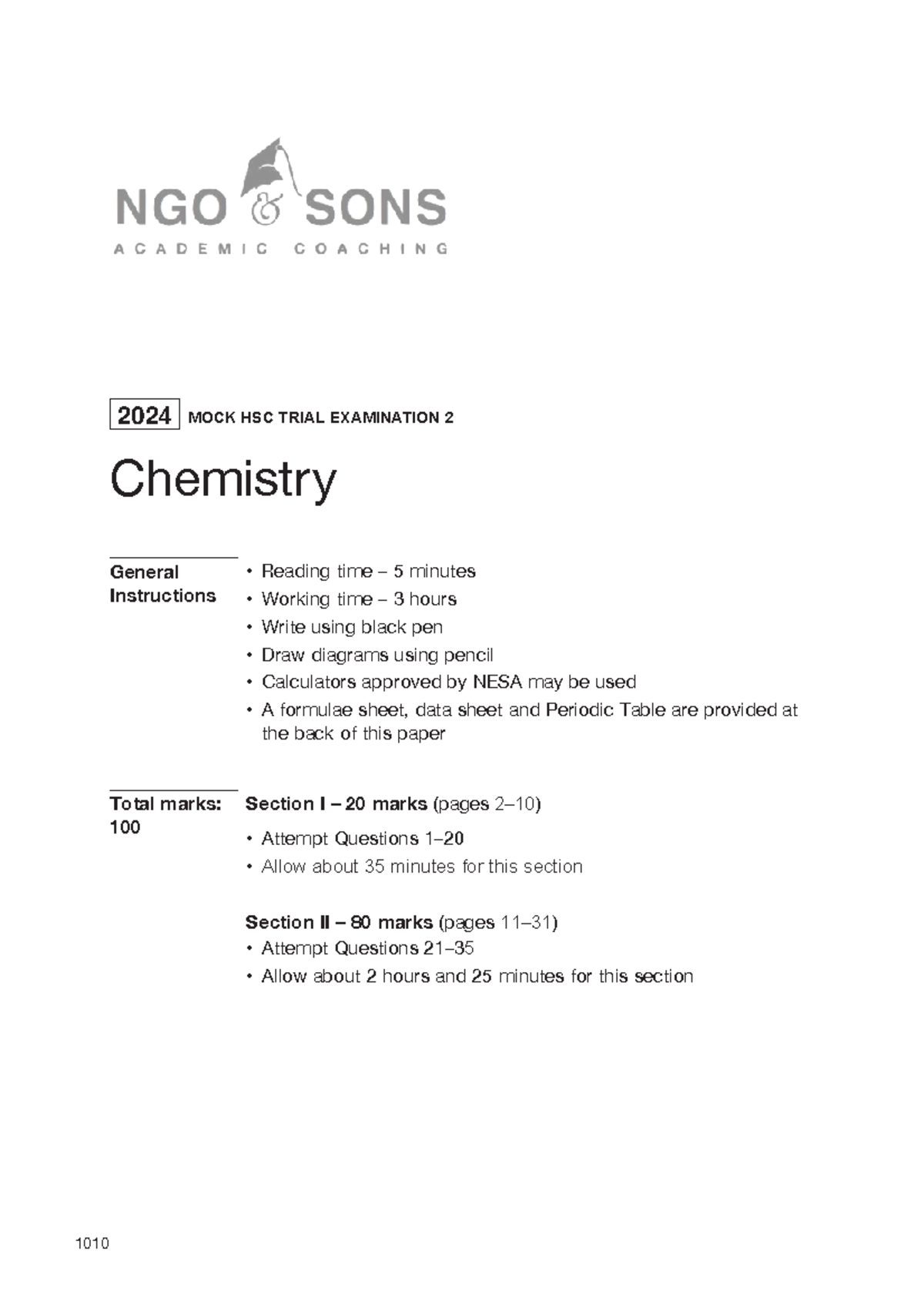 2024 HSC Chemistry Trial Exam Paper 2 - General Instructions - Studocu