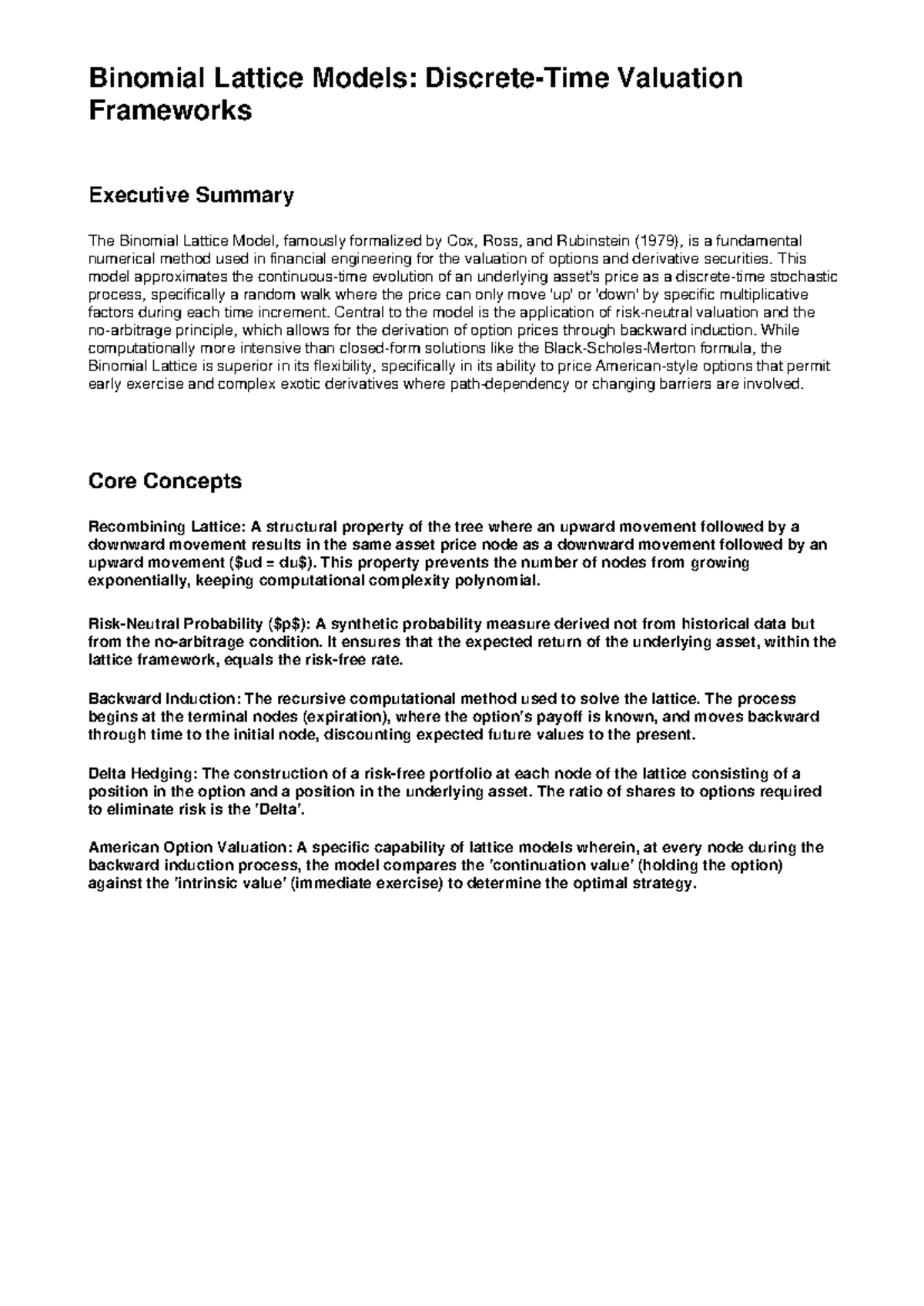 Binomial Lattice Models: Discrete-Time Valuation Frameworks Summary ...