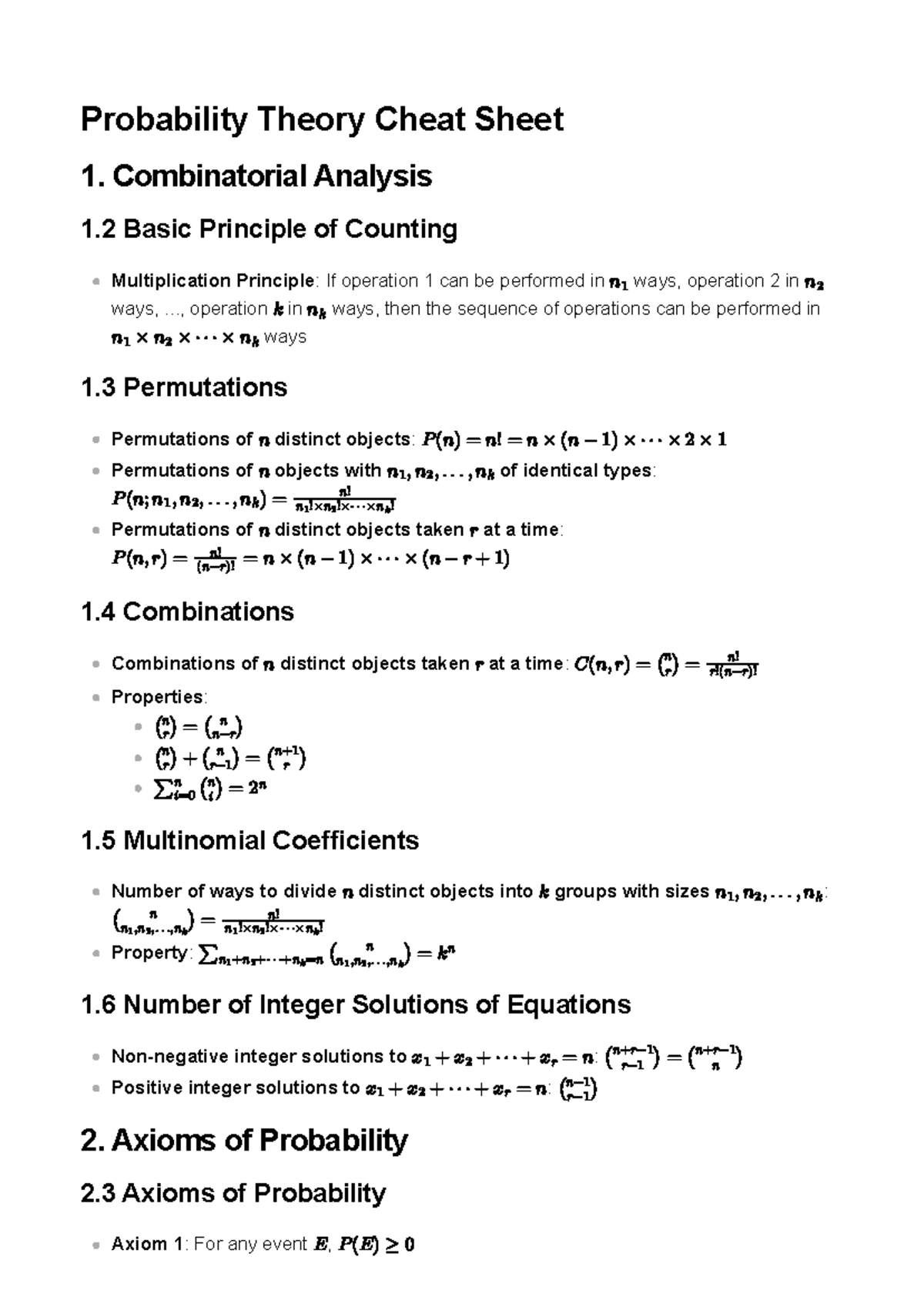 Probability Theory Cheat Sheet: Combinatorial Analysis & Axioms - Studocu