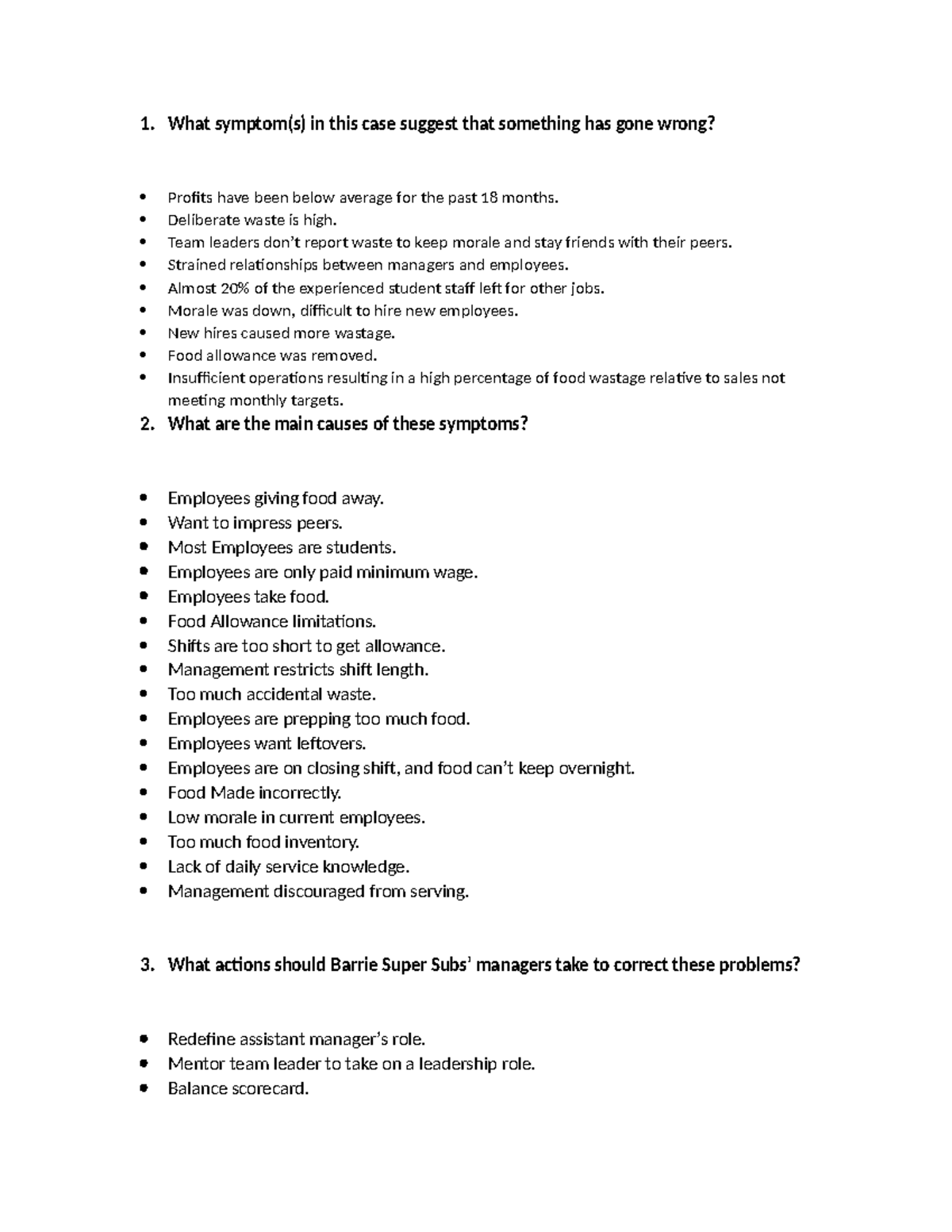 Case Study 1: Analyzing Problems and Solutions for Barrie Super Subs - Studocu