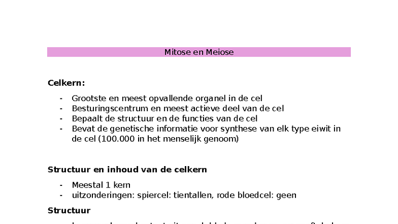 Mitose en Meiose: Structuur en Functie van de Celkern - Studocu
