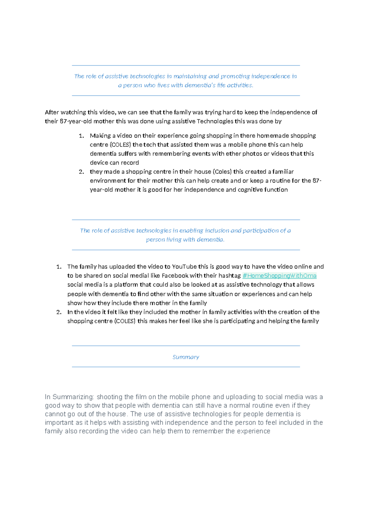 Assessment 3 Case Study: Assistive Tech for Dementia Independence - Studocu
