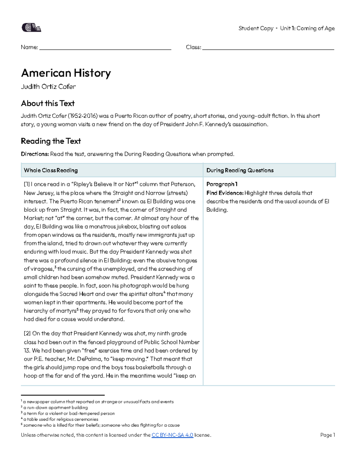 American History Unit 1: Coming of Age - Judith Ortiz Cofer Analysis ...