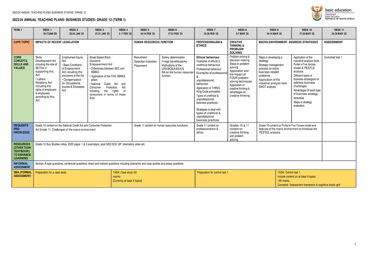 BSTD GR 12 ATP 2025: Comprehensive Annual Teaching Plans for Business ...