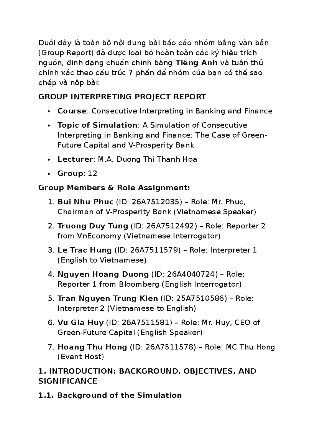 GROUP INTERPRETING PROJECT REPORT: ESG & Green Credit Simulation - Studocu