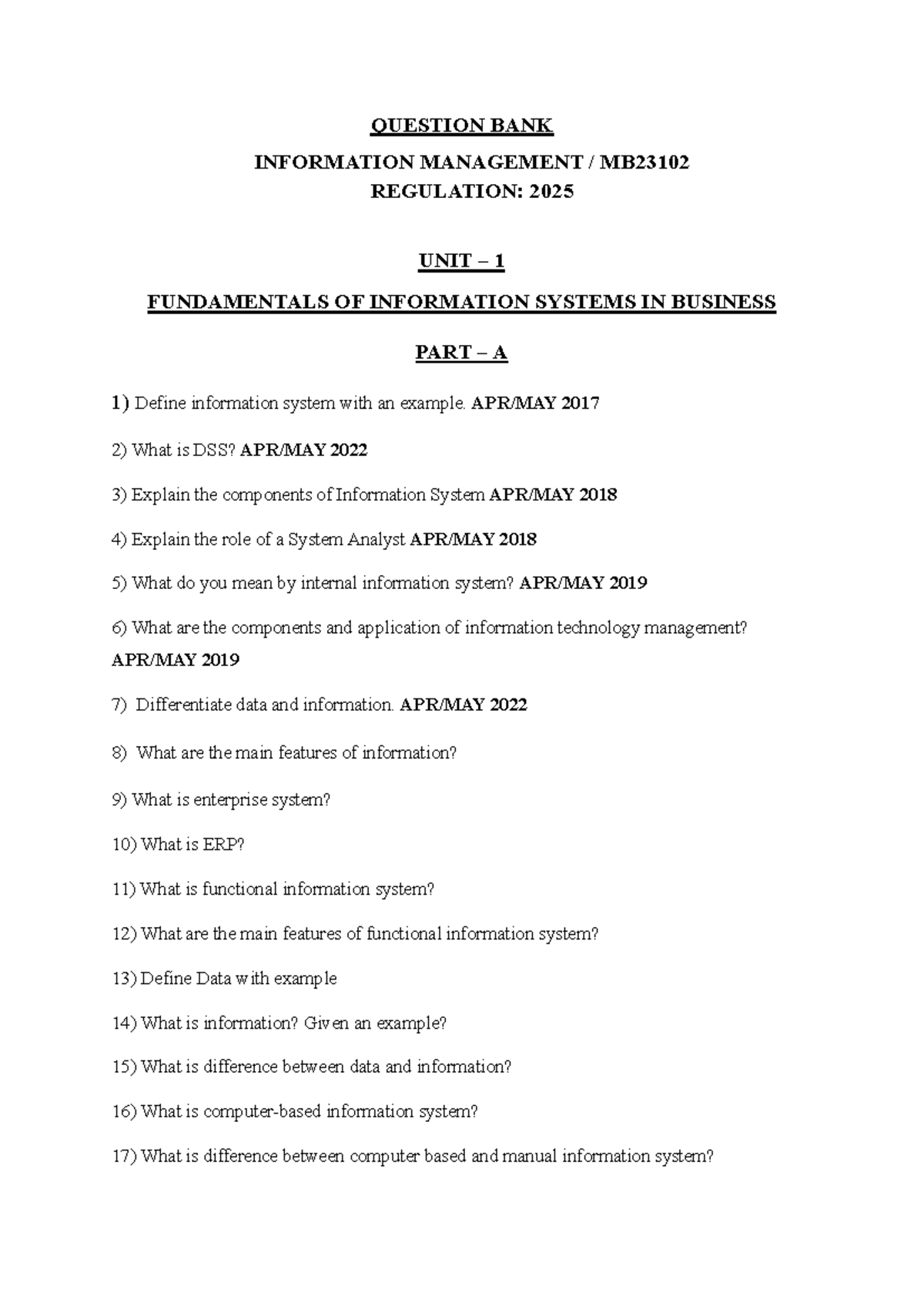 QUESTION BANK: INFORMATION MANAGEMENT MB23102 - 2025 Edition - Studocu