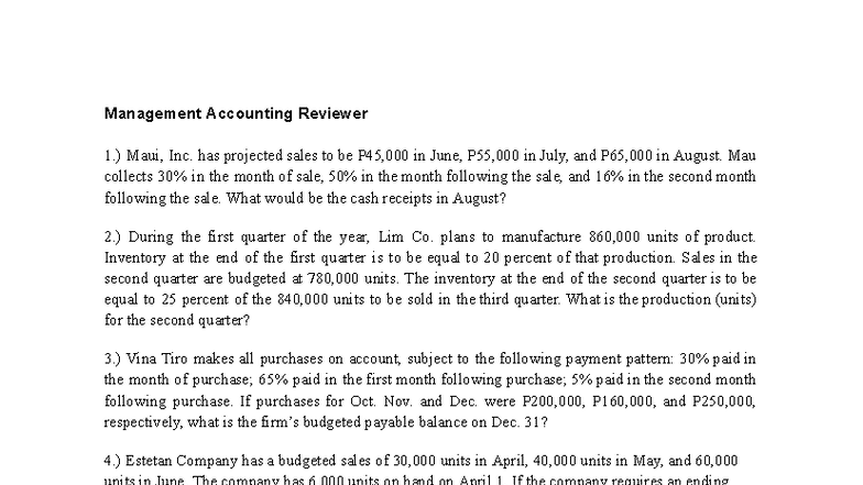 Management Accounting Review: Cash Flow & Budgeting Problems (ACC 101 ...