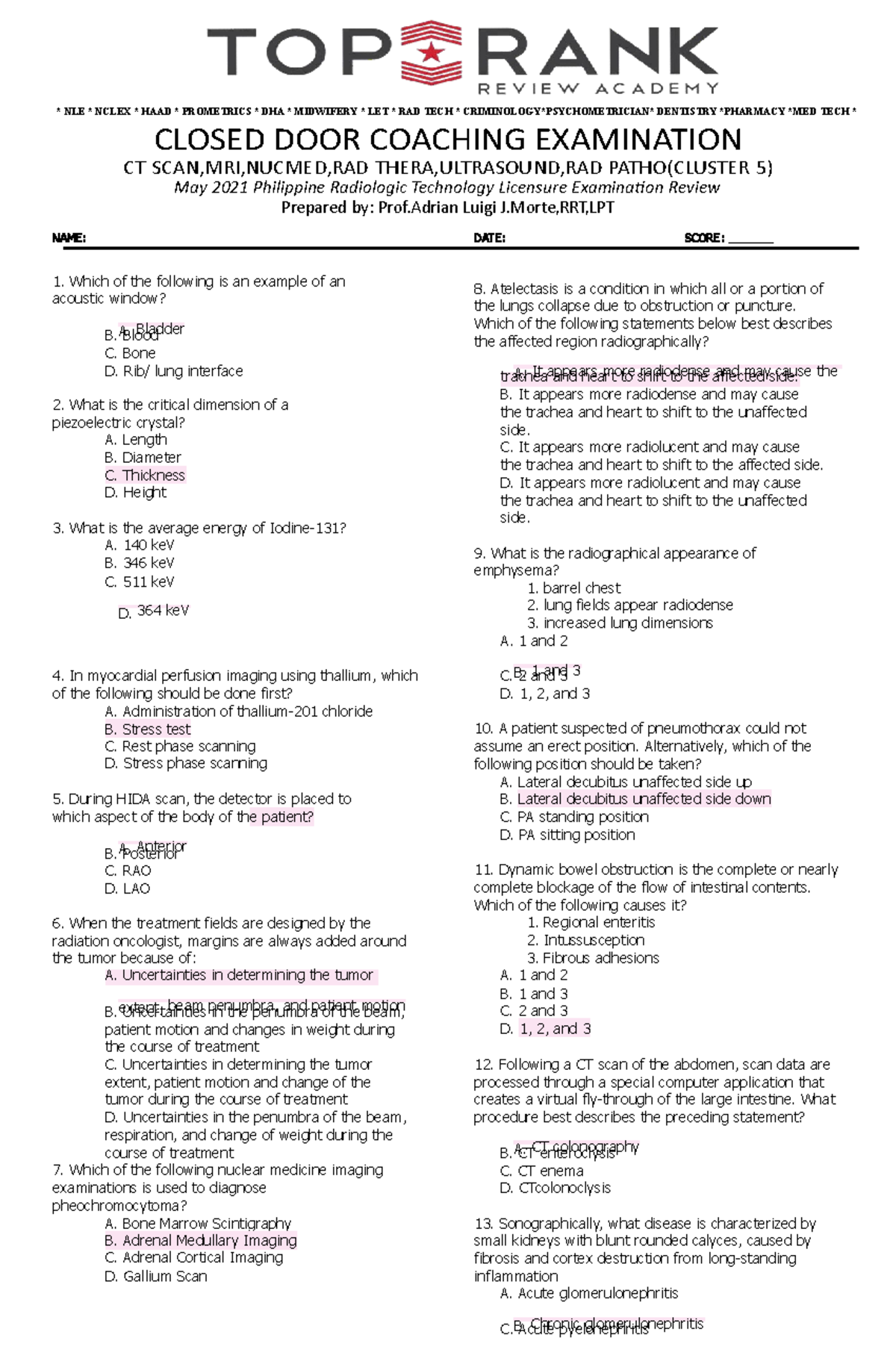 Cluster 5 Closed Door Final Exam Coaching for Radiologic Tech - Studocu