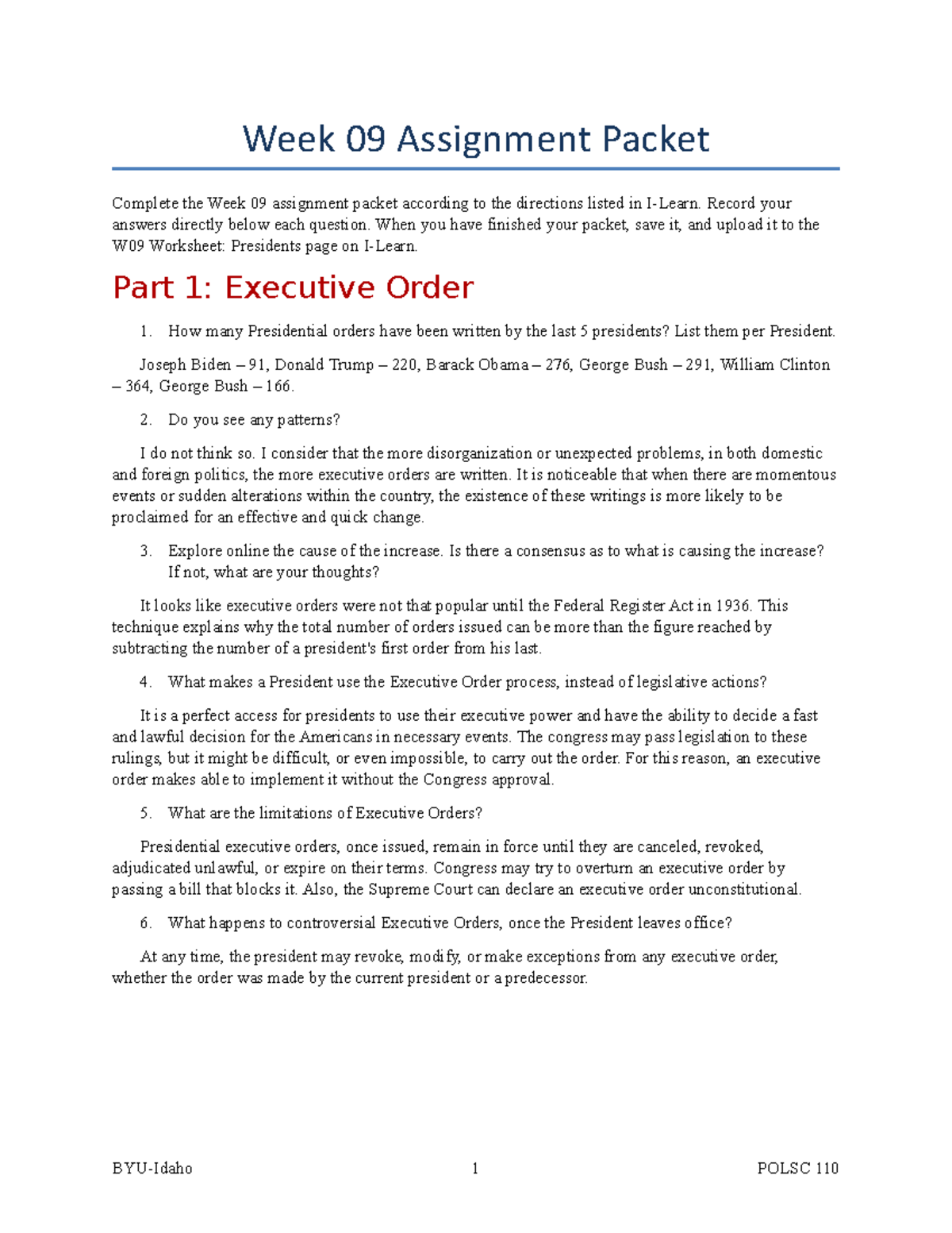Week 09 Assignment Worksheet - POLSC 110: Executive Orders & Presidents ...