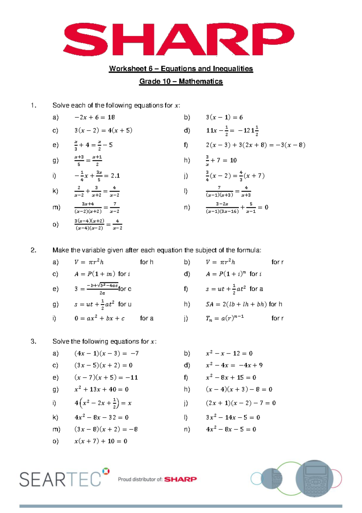 Grade 10 Math Worksheet 6: Equations & Inequalities - Studocu