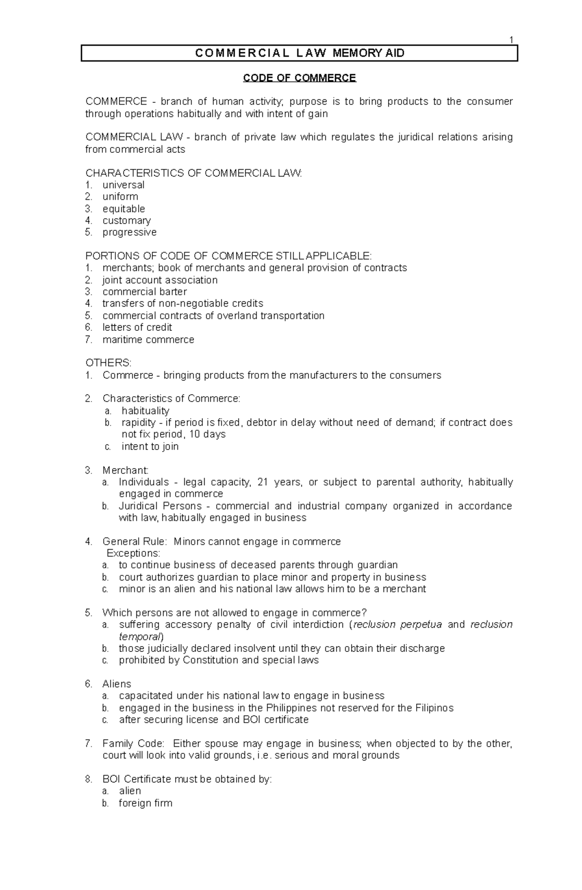 Commercial Law 1: Mabilisang Reviewer and Memory Aid - Studocu