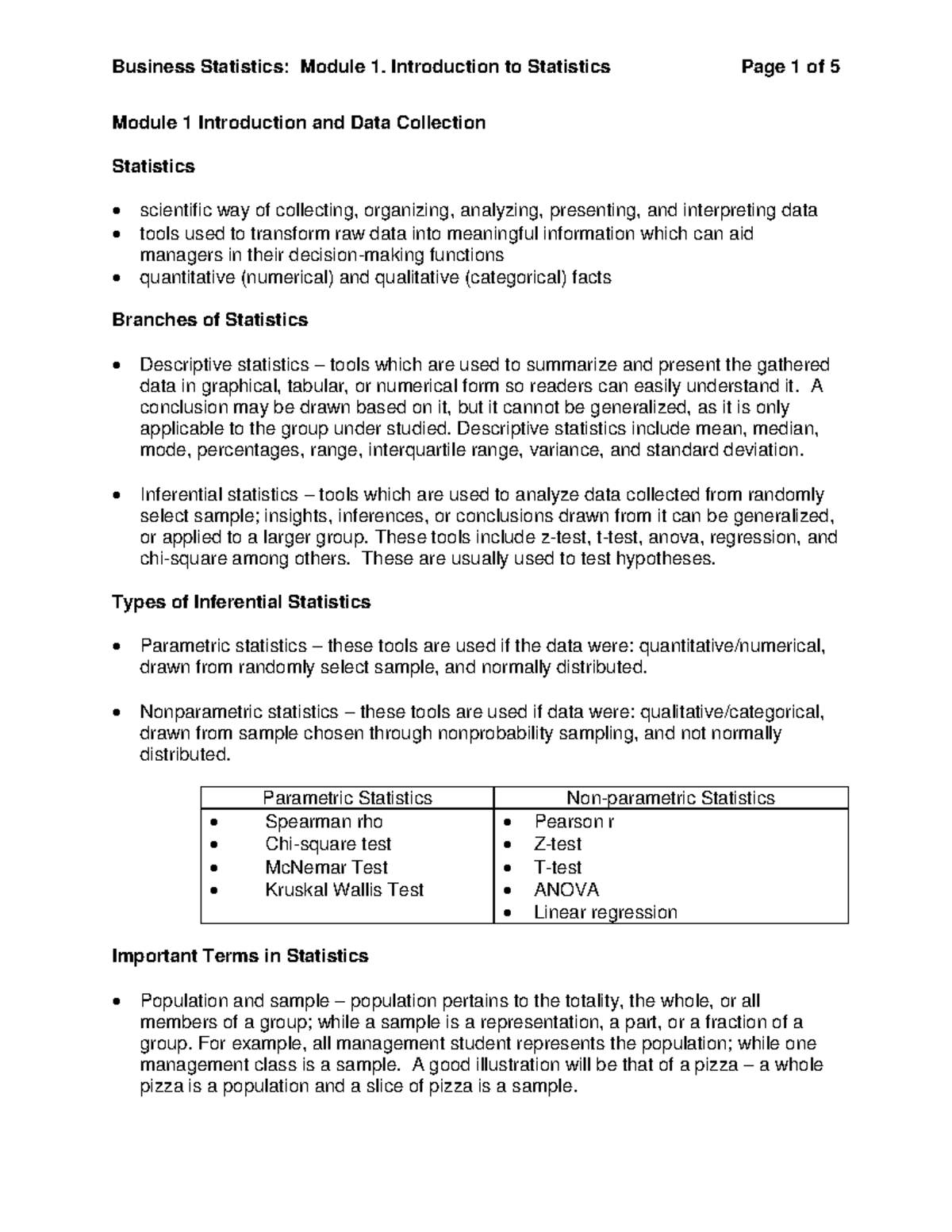Business Statistics - Module 1: Introduction to Data Collection - Studocu