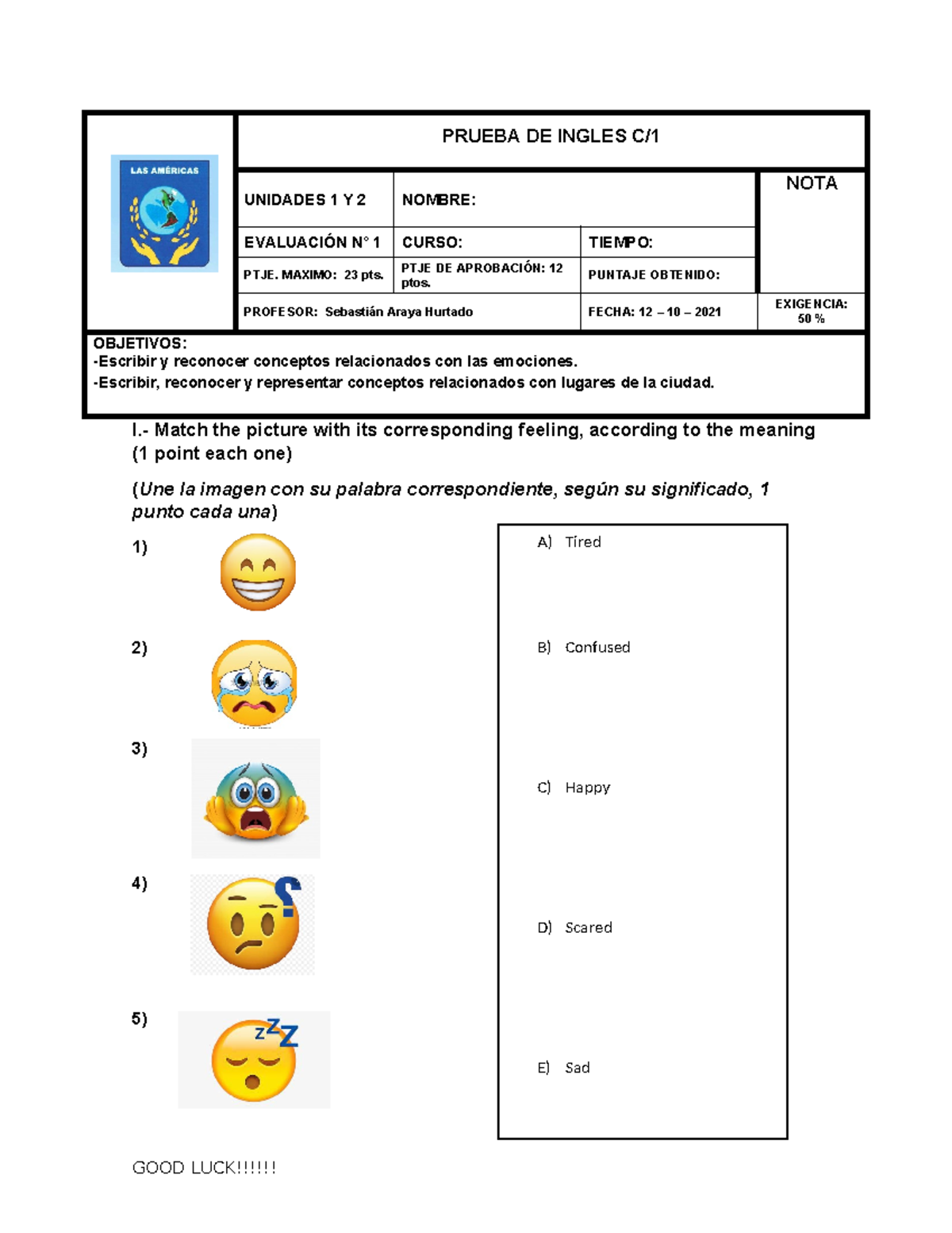 Prueba de Inglés 4to Básico - Evaluación Unidades 1 y 2 - Studocu